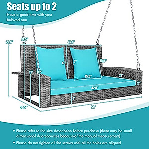 RELAX4LIFE 2-Person Porch Swing Bench - PE Rattan Outdoor Swing Chair with Comfortable Seat & Back Cushions, Rustproof Metal Chains, Patio Loveseat Swing for Balcony, Garden, Yard, 800 LBS (Turquoise)