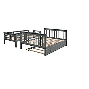 BIADNBZ Twin Over Full Bunk Bed with Trundle and Staircase, Solid Wood Stairway Bunkbeds w/Guard Rail and Storage Stairs, Can Be Divided Into Two Platform Bedframe, for Kids/Teens/Adults, Gray