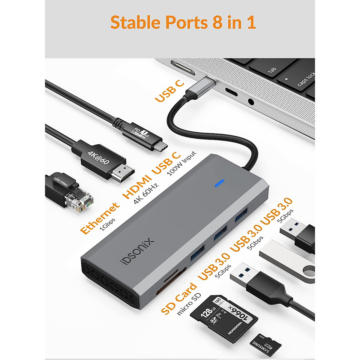 Docking Station - iDsonix 8 in 1 USB C Hub Aluminum Multiport Adapter with HDMI 4K@60Hz, PD 100W, 1Gigabit Ethernet, SD/TF Card Reader for MacBook Air/Pro iPad Dell/Hp Laptop and More