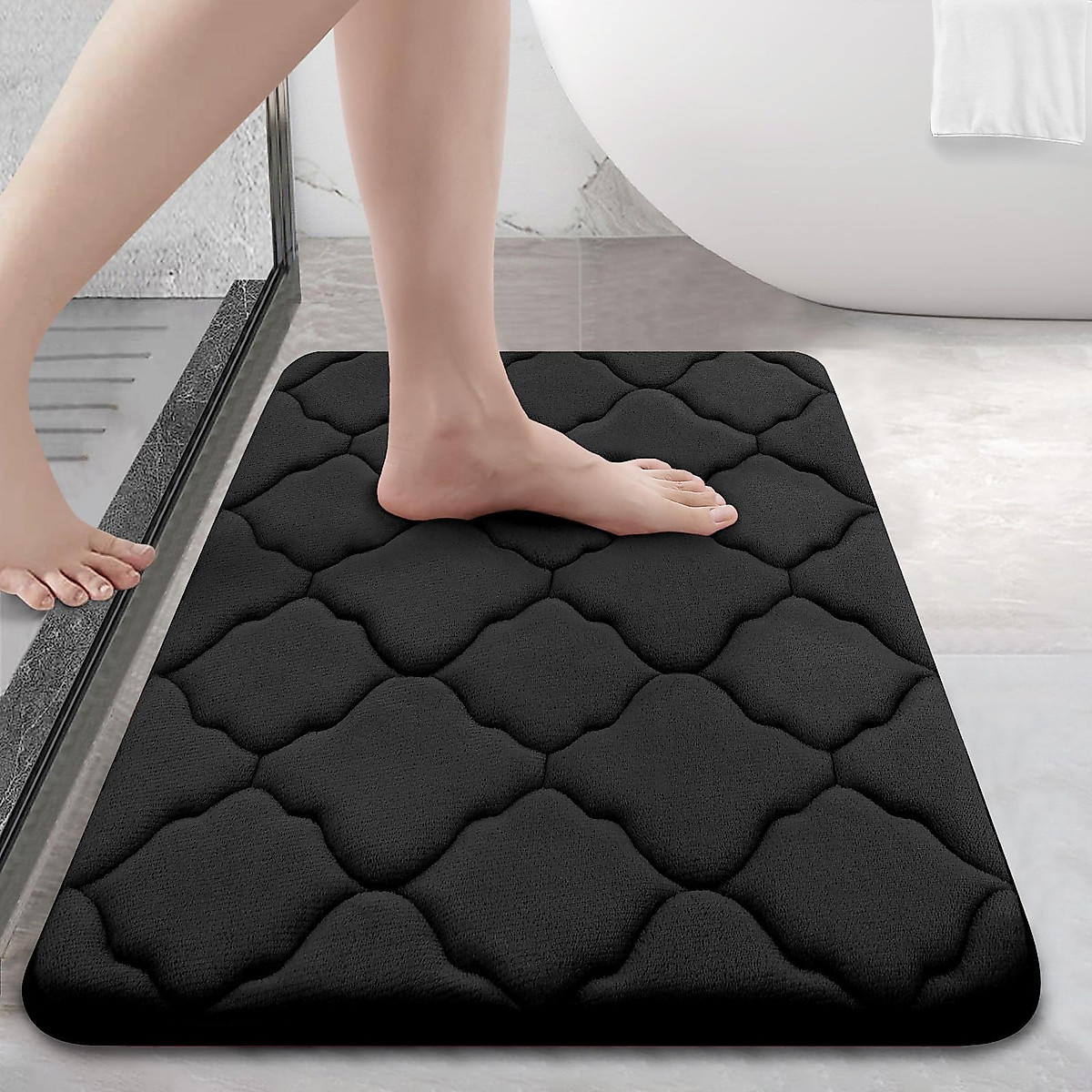 OLANLY Memory Foam Bath Mat Rug, Ultra Soft Non Slip and Absorbent Bathroom Rug, Machine Wash Dry, Comfortable, Thick Bath Rug Carpet for Bathroom Floor, Tub and Shower, 17x24, Black