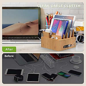 Pezin & Hulin Bamboo Multiple USB Charging Station for Phones and Tablets, All-in-one Organizer Dock for Watch, Earbuds - with 6 Cables, 5 Ports Hub Charger