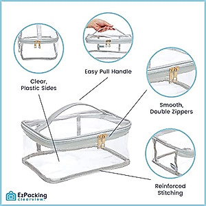 Large Cosmetic Bag for Women / Clear, See-Through Makeup, Hair & Nail Accessories Pouch for Travel or Home / Transparent PVC Plastic Organizer, Spacious Interior, Handle & Double Zippers (Silver)