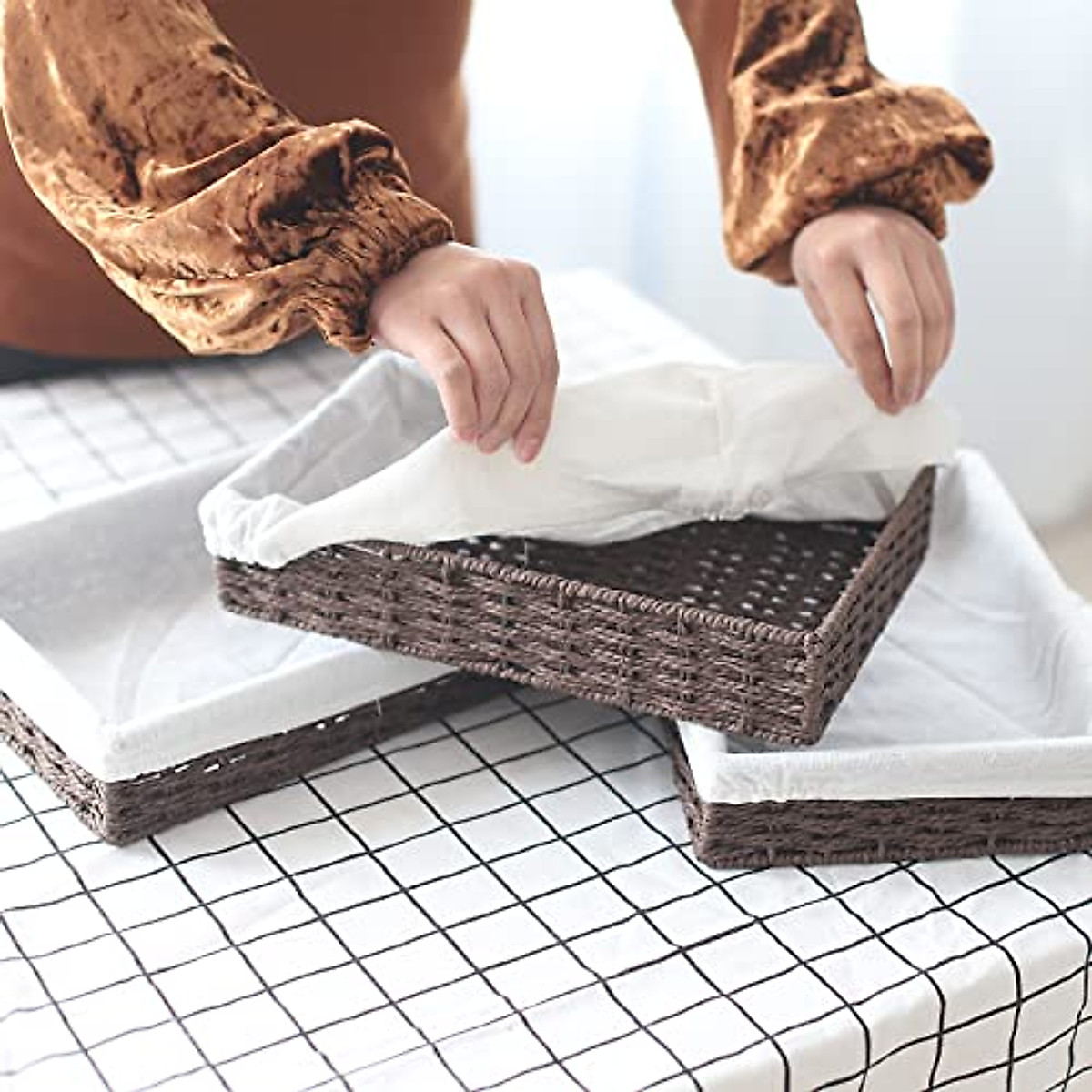 YRJJ Paper Rope Woven Storage Baskets, Delicate Storage Box for Shelves/Bathroom/Kitchen/Living Room/Office Desk/Bedroom. (Cube-Brown)