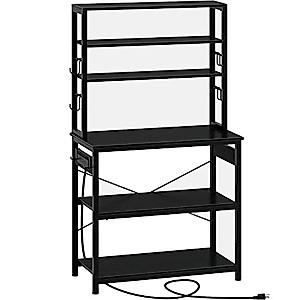 Rolanstar Baker's Rack with 4AC Power Outlet, 65.7inch Microwave Oven Stand with 10 Hooks, Stable Coffee Bar Table, 6-Tier Kitchen Storage Shelf Rack, Kitchen Utility Rack with Hutch, Black