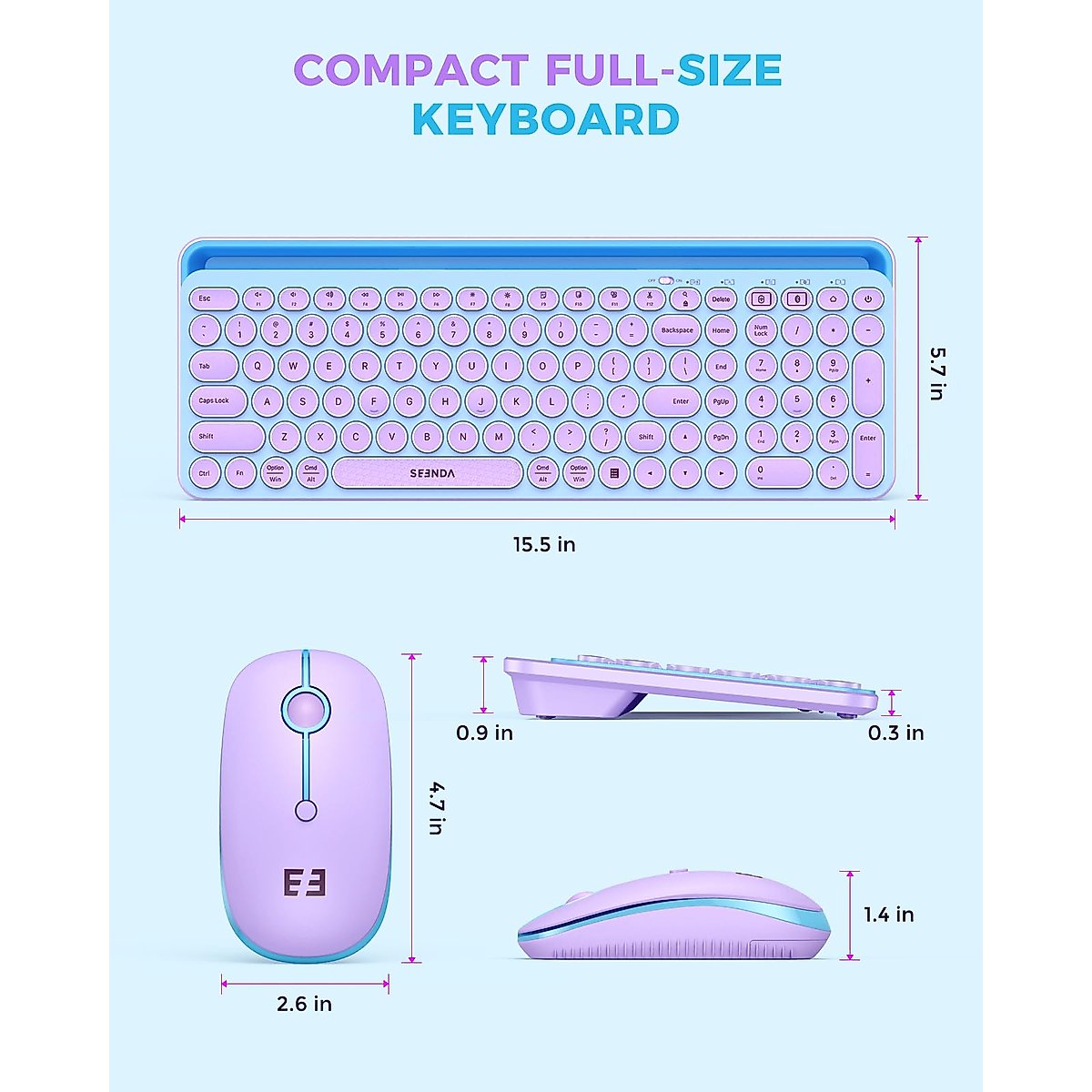seenda Bluetooth Keyboard and Mouse for iPad, Multi-Device Bluetooth + 2.4G Wireless Keyboard Mouse with Tablet Holder for MacBook/Windows Computer, iOS/Andriod Tablet Phone, Blue & Purple