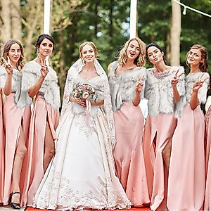 Geyoga 6 Pack Women's Faux Fur Shawl Fur Bridal Bridesmaid Wrap Winter Wedding Scarf Stoles with Pearl Rhinestone Brooch (Gray White)