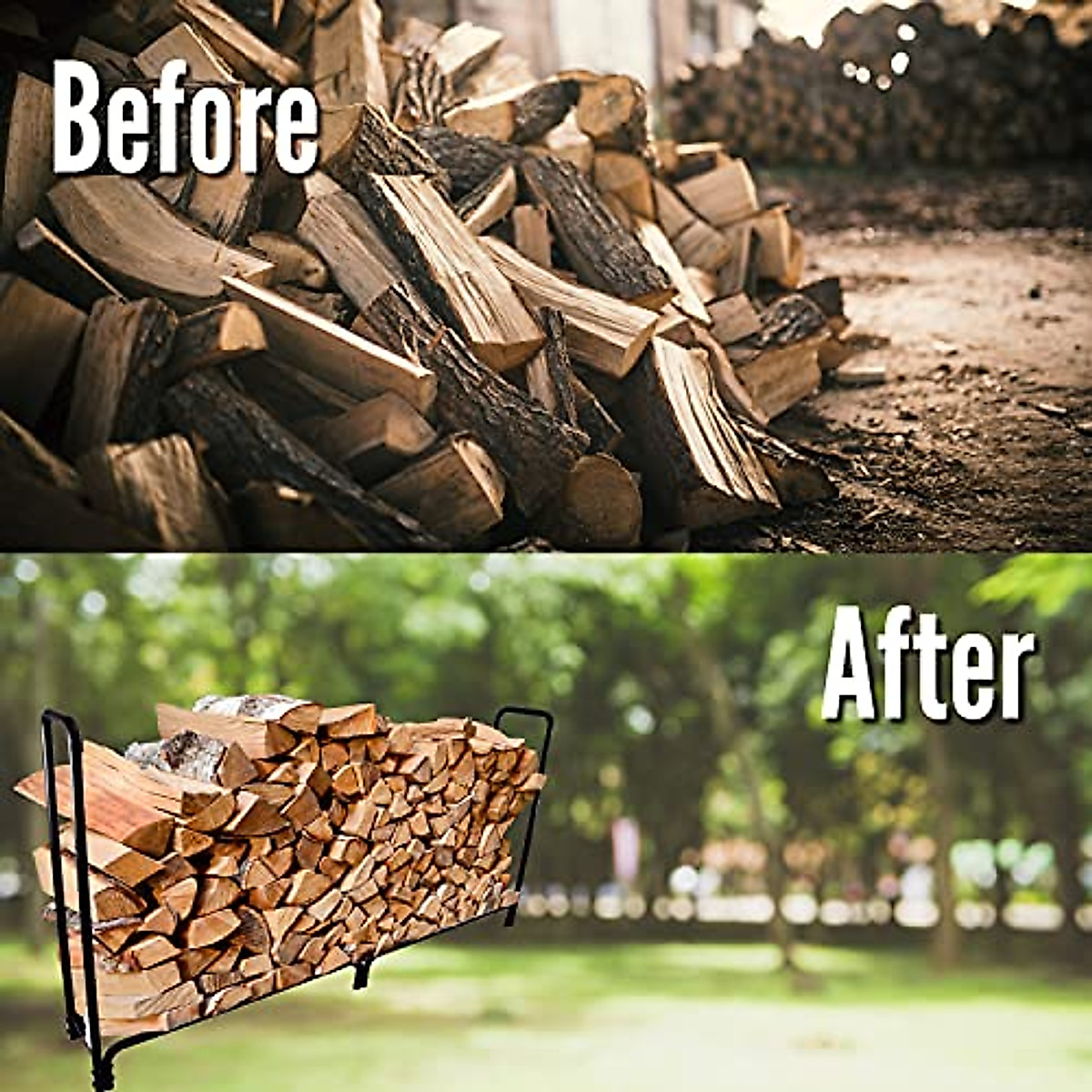 BACKYARD EXPRESSIONS PATIO · HOME · GARDEN 913559 8ft Outdoor | Heavy Duty Log Firewood Storage Rack Holder, Durable Tubular Steel, Easy Assembly, Holds (1) Face Cord of Fire Wood, Black