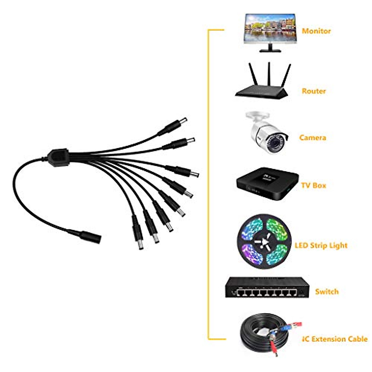 Xwell DC Power Splitter Cable 1 Female to 8 Male Wire Y Adppter 5.1mm X 2.1mm for CCTV Security Cameras and LED Strip Lights