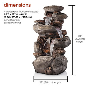 Alpine Corporation WIN316 Outdoor Floor 4-Tiered Rock Water Fountain for Garden or Patio with Natural Stone Look, 40", Light Gray