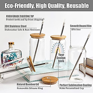 WindMage 12 packs 16 oz Clear Sublimation Glass Cans Blanks with Bamboo Lid, Stainless Straw, Brush, Silicone Tip, Reusable Drinking Beer Cans Iced Coffee Glasses Jar Tumbler Cups