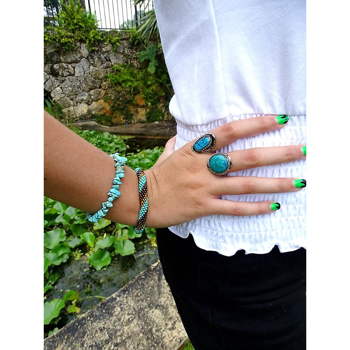 Mia Jewel Shop Ellipse Oval Flat Healing Gemstone Crystal Cabochon Silver Metal Border Adjustable Ring - Womens Natural Fashion Handmade Jewelry Boho Accessories (Turquoise Howlite)