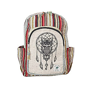 VIBRANIC Himalayan HEMP Laptop Backpack - THC Free - All Natural Handmade - 13"/15" Laptop Compartment - Multi-Pocket - Dream Catcher Owl Print SM - Made in Nepal