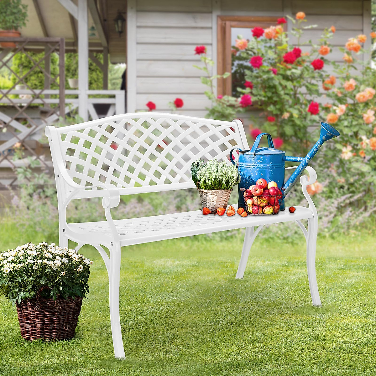 VINGLI 40.5" Outdoor Bench Patio Garden Bench, Anti- Rust Cast Aluminum Patio Bench Front Porch Bench for Yard Lawn Entryway Deck (White)