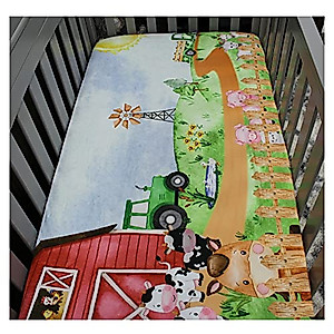 Dear Baby Gear Deluxe Crib Sheet Cotton Polyester Crib Sheets, Soft Machine-Washable Crib Sheet, Bed Sheets - Farm Life Animals Green Tractor Red Barn Blue Truck Print, 52"x28"x10"