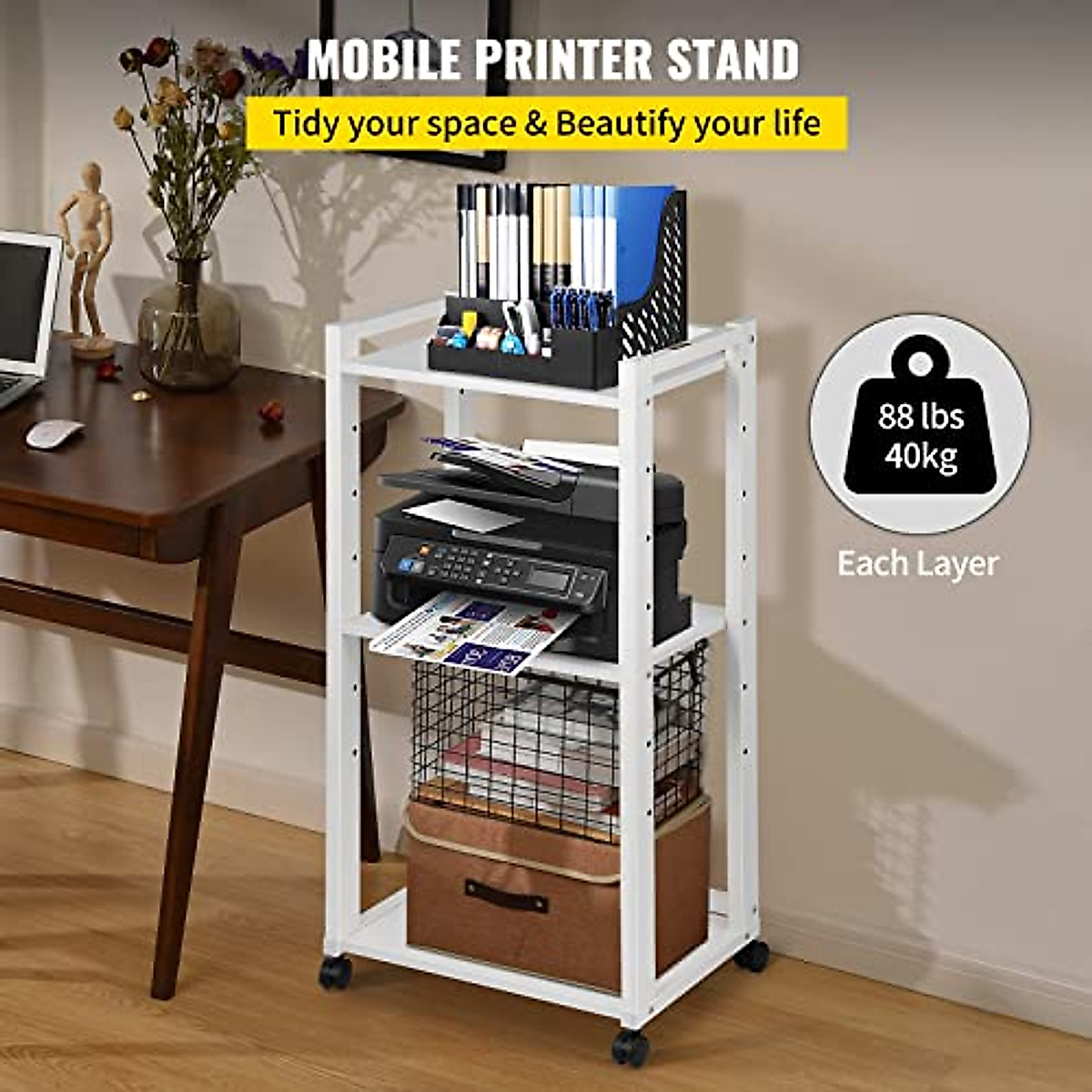 VEVOR Printer Stand, 3-Tier Rolling Printer Cart, Adjustable Storage Shelf Rack on Lockable Wheels, 19.69x 13.78x 42 inch Printer Table for Home Office Small Spaces Organization, White