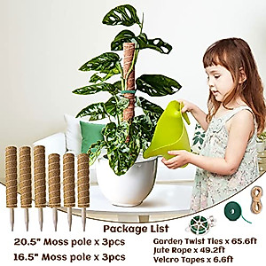 90 Inch Moss Pole for Plants Monstera, 6 Pcs Plant Pole for Climbing Plants - 16.5" and 20.5" Coir Totem Pole Monstera Stake, Moss Sticks for Indoor Plants Support Creepers Extension, with Garden Ties