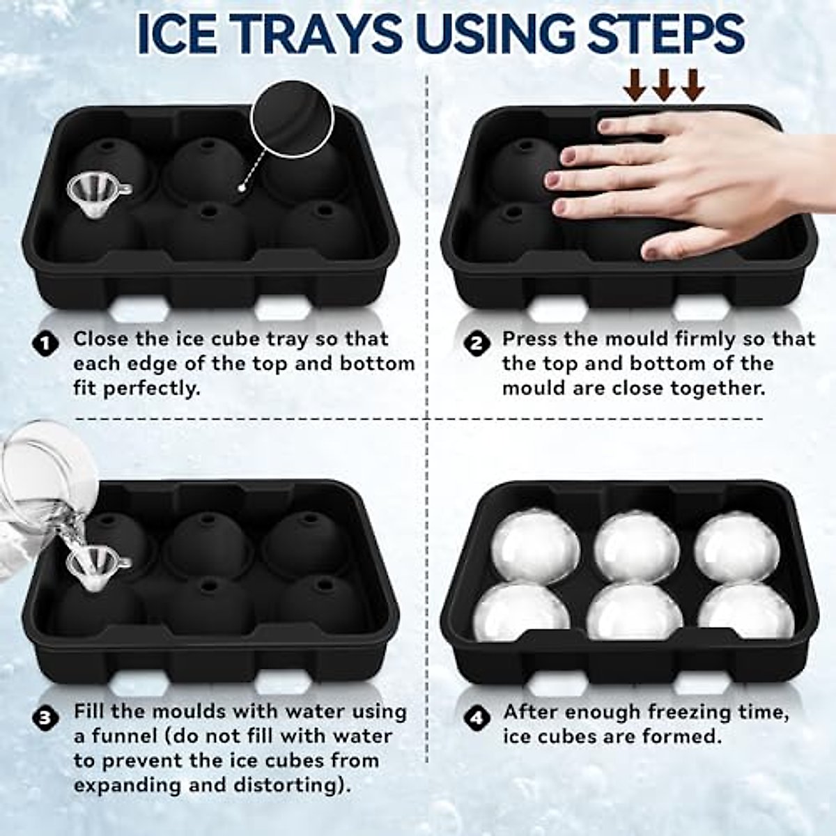 Ice Cube Tray, Silicone Large Ice Cube Molds for Freezer with Lid (4 Pcs), 6 Ball Ice Tray, 4 Diamond & 6-Ice Trays, Reusable Ice Mold for Whiskey ，Drinks，Juices and Cocktails. (Black)