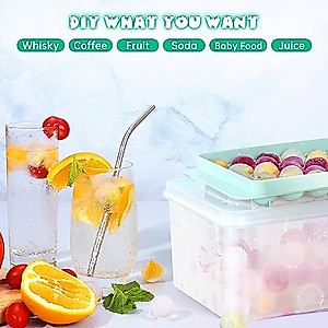 Ice Cube Tray, EMYIE Round Ice Trays for Freezer with Lid and Bin, Ice Ball Maker Making 99 x 1.0IN Ice Balls,3 pack Circle Ice Trays with Tong, Scoop, Measuring Cup&3 Straws (Green)