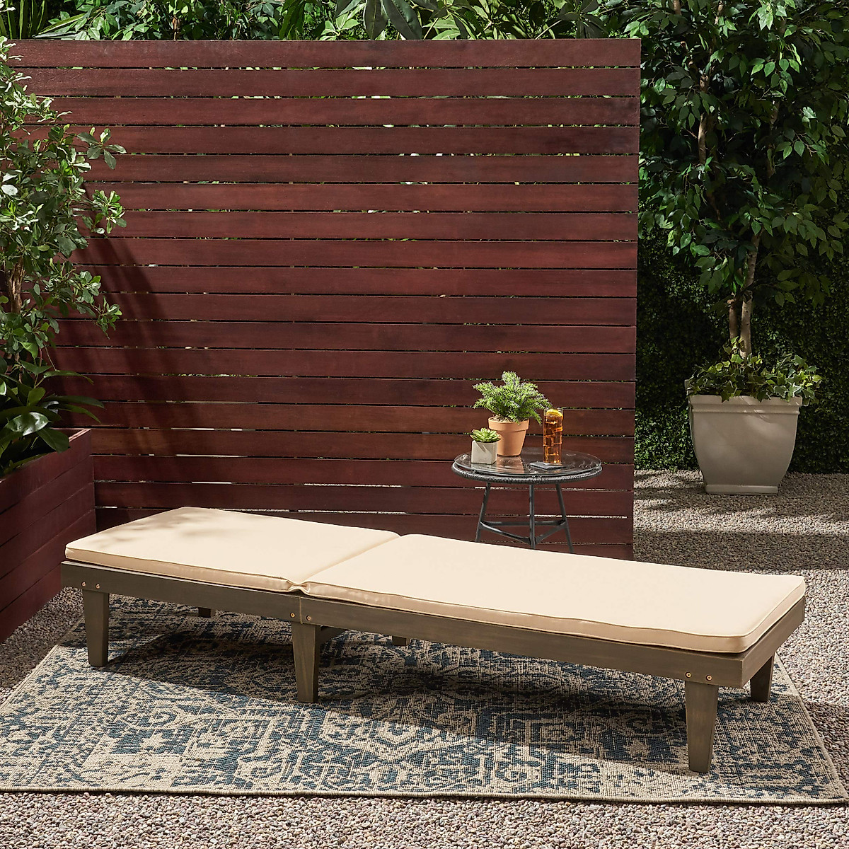 GDFStudio Great Deal Furniture Outdoor Acacia Wood Chaise Lounge and Cushion Set, Gray and Cream