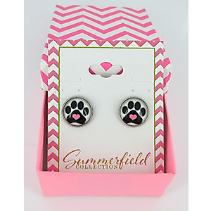 Summerfield Collection Stainless Steel Black and White Paw Print Pink Heart Glass Stud Earrings 12mm