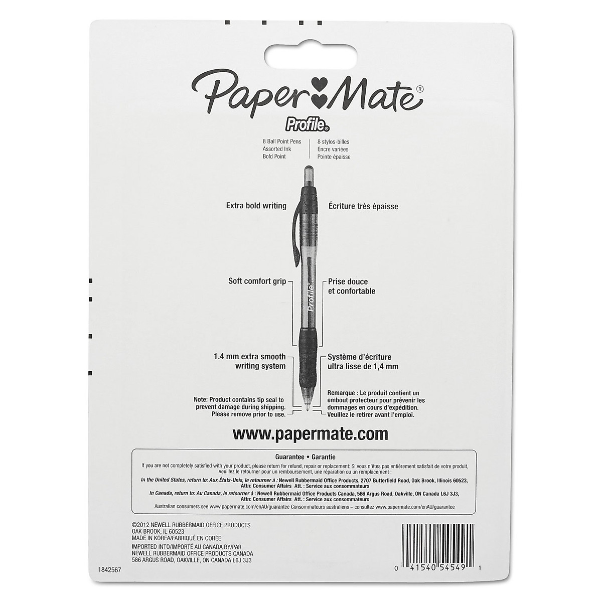 Paper Mate 1960662 Profile Ballpoint Retractable Pen, Assorted Ink, Bold, 8/Set