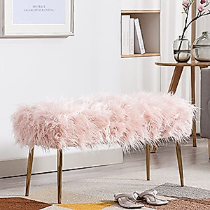 DM Furniture Faux Fur Vanity Bench Fuzzy Entryway Bench Furry Ottoman End of Bed Stool with Gold Metal Legs for Living Room Bedroom Closet, Pink