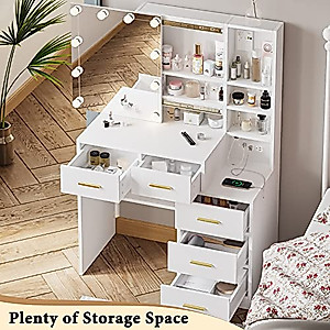 Tiptiper Makeup Vanity with Lights, Vanity Table with Charging Station, Vanity Desk with Sliding Mirror and 10 LED Light Bulbs, Makeup Table with 5 Drawers, Hidden and Open Storage Shelves, White