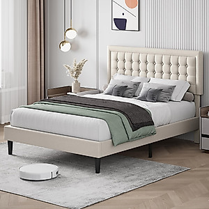 Keyluv Full Size Bed Frame with Button Tufted Headboard, Modern Fabric Upholstered Platform Bed Frame, Strong Wooden Slats Support, No Box Spring Needed, Beige