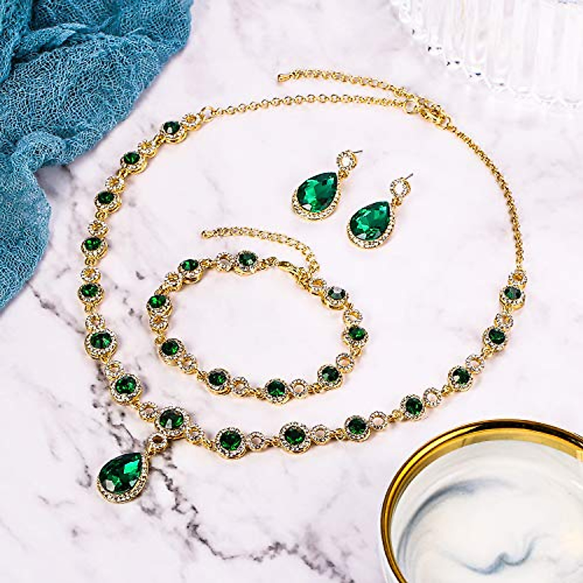 BriLove Wedding Bridal Necklace Bracelet Earrings Jewelry Set for Women Crystal Infinity Figure 8 Teardrop Y-Necklace Dangle Earrings Tennis Bracelet Set Emerald Color Gold-Toned May Birthstone