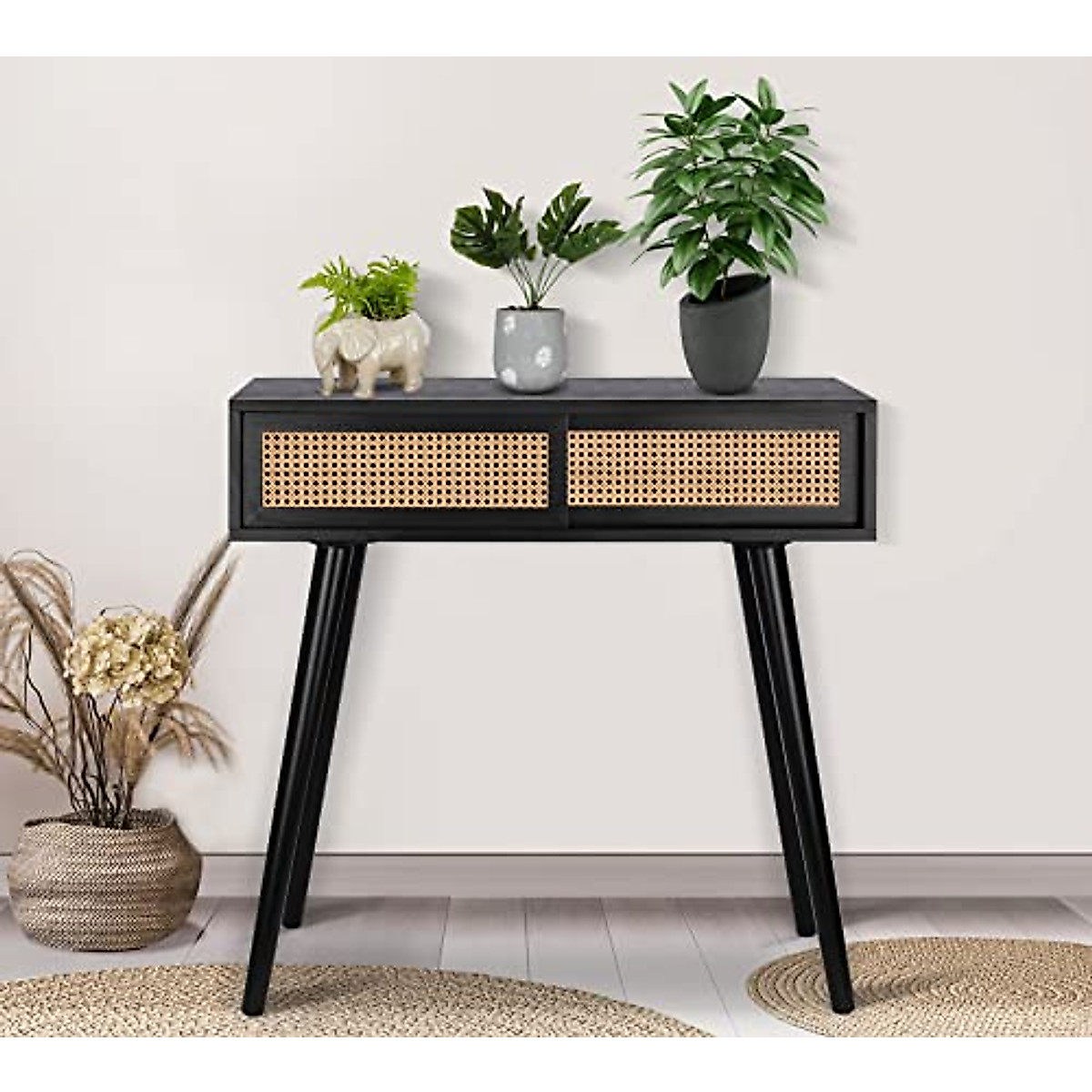 Console Table, Small Entryway Table, Console Tables for Entryway, Rattan Dresser Side Table Black Entry Table Narrow Console Table Modern Hallway Table Boho Sofa Table for Living Room, Vanity Desk