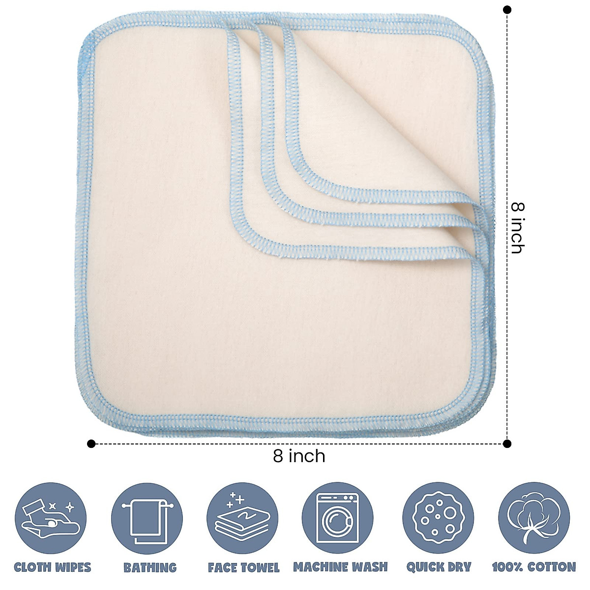 Mimorou 45 Pcs Flannel Cloth Baby Wipes Reusable Baby Diapers Wipes Washable Natural Unbleached Baby Face Wipes Soft and Sturdy Cloth Wipes 5 Colors Outer Stitching 8 x 8 Inches, 1.0 Count