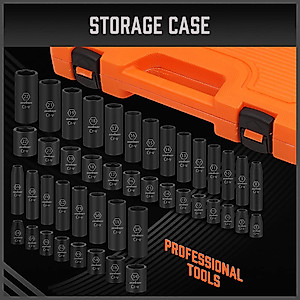 HORUSDY 3/8" Drive Impact Socket Set, 50-Piece Standard SAE (5/16 to 3/4 inch) and Metric (8-22mm) Size, 6 Point, Cr-V, 3/8-Inch Drive Ratchet Handle, Drive Extension Bar, Impact Universal Joint