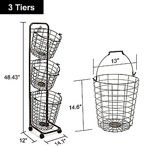 Ganggend 3-Tier Laundry Basket with Lockable Wheels, Wire Laundry Hamper with Rubber Handle Laundry Cart Storage Rolling Hamper for Organizing Clothes Black