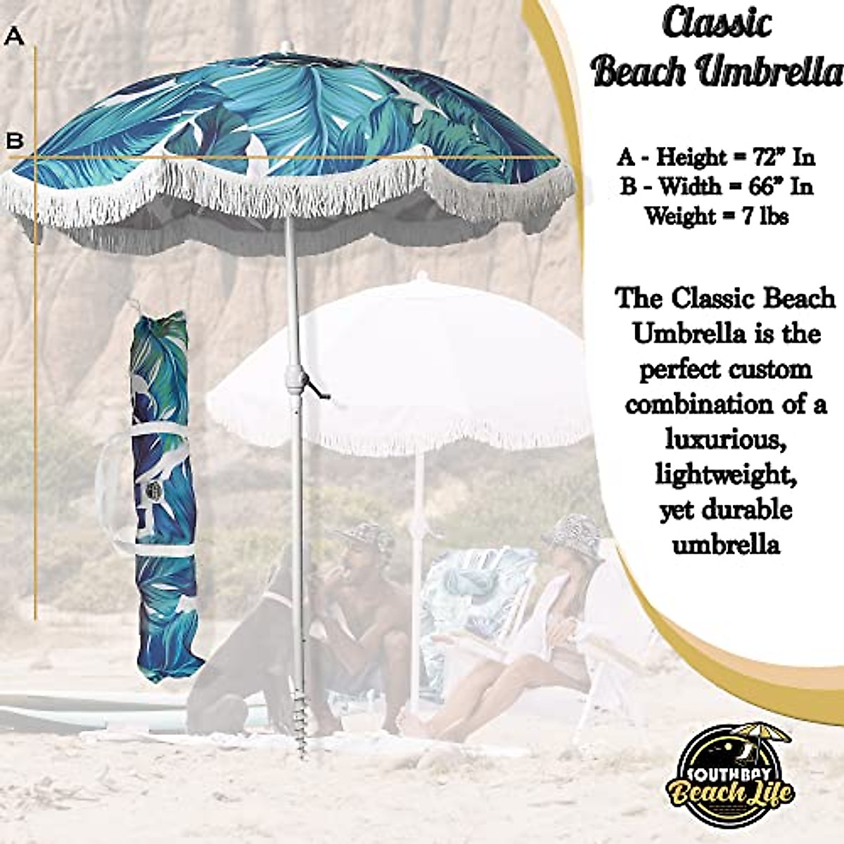 South Bay Beach Life™ - Large, Luxury Beach Umbrellas - Beach & Patio Umbrella with Custom Sand Anchor Versatility for Family/Friends - Flowing Tassels - UPF 50+ UV Protection - Include Carry Bags
