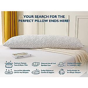 Dafinner Shredded Memory Foam Body Pillow for Adults, Removable Cooling Bamboo Rayon Cover, Soft-to-Firm Adjustable Loft, Full Body Long Bed Pillow for Stomach, Back or Side Sleepers, 20x54”