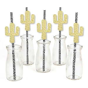 Big Dot of Happiness Gold Glitter Cactus Party Straws - No-Mess Real Gold Glitter Cut-Outs and Decorative Christmas Cactus Party Paper Straws - Set of 24