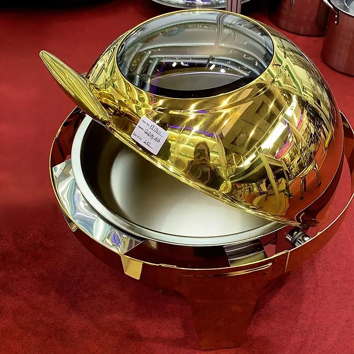 HONHPD Gold Stainless Steel Chafing Dish 1 Packs, 6.5 Quart Round Chafer, Roll Top Chafer for Catering Buffet Warmer Set with Pans and Fuel Holders