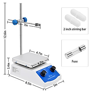Lab Magnetic Stirrer Plate Hot Stir Mixer with Stirring Bar Heating Electric Mixing Machine for Chemistry Equipment 1000ml Capacity 100~2000 RPM Speed Resin Epoxy Stirring Bar & Support Stand Included