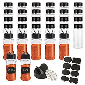 JMIATRY 36 Packs 3.4oz Plastic Spice Jars with Shaker Lids Empty Plastic Spice Bottles with Labels 100ML/ 3.4 Ounce Plastic Seasoning Containers for Spice,Herbs,Powders,Glitters