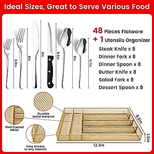 48 pieces Silverware with orgainzer, KITWARE Flatware Service for 8, Stainless Steel Utensil with metal tray, Home & Kitchen Mirror Polish Cutlery, Dishwasher Safe