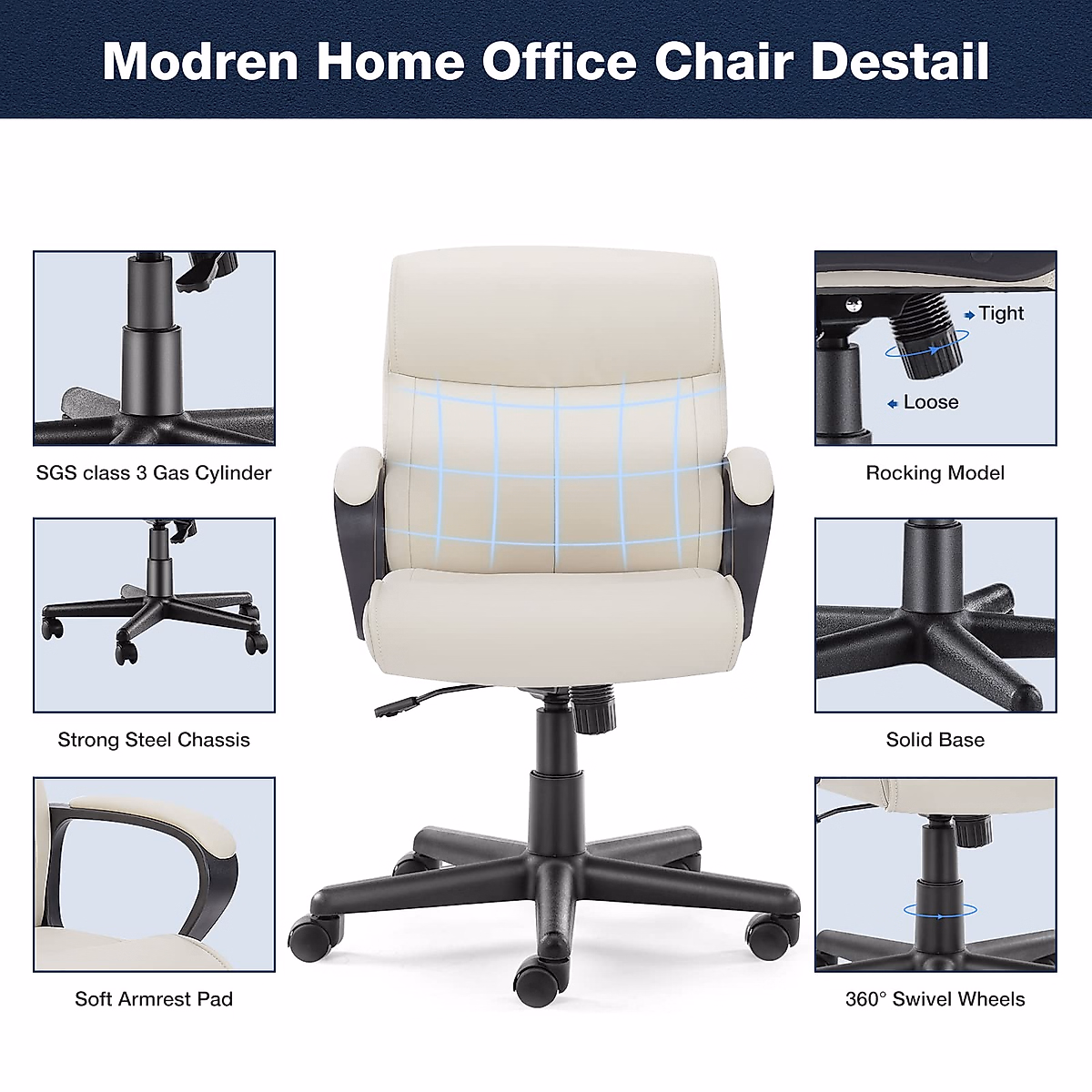 Executive Office Chair Computer Desk Chair with Padded Armrests, Ergonomic Chair Mid Back Lumbar Support and Adjustable Height & Tilt Angle Home Office Desk Chairs PU Leather Swivel Chair, Cream