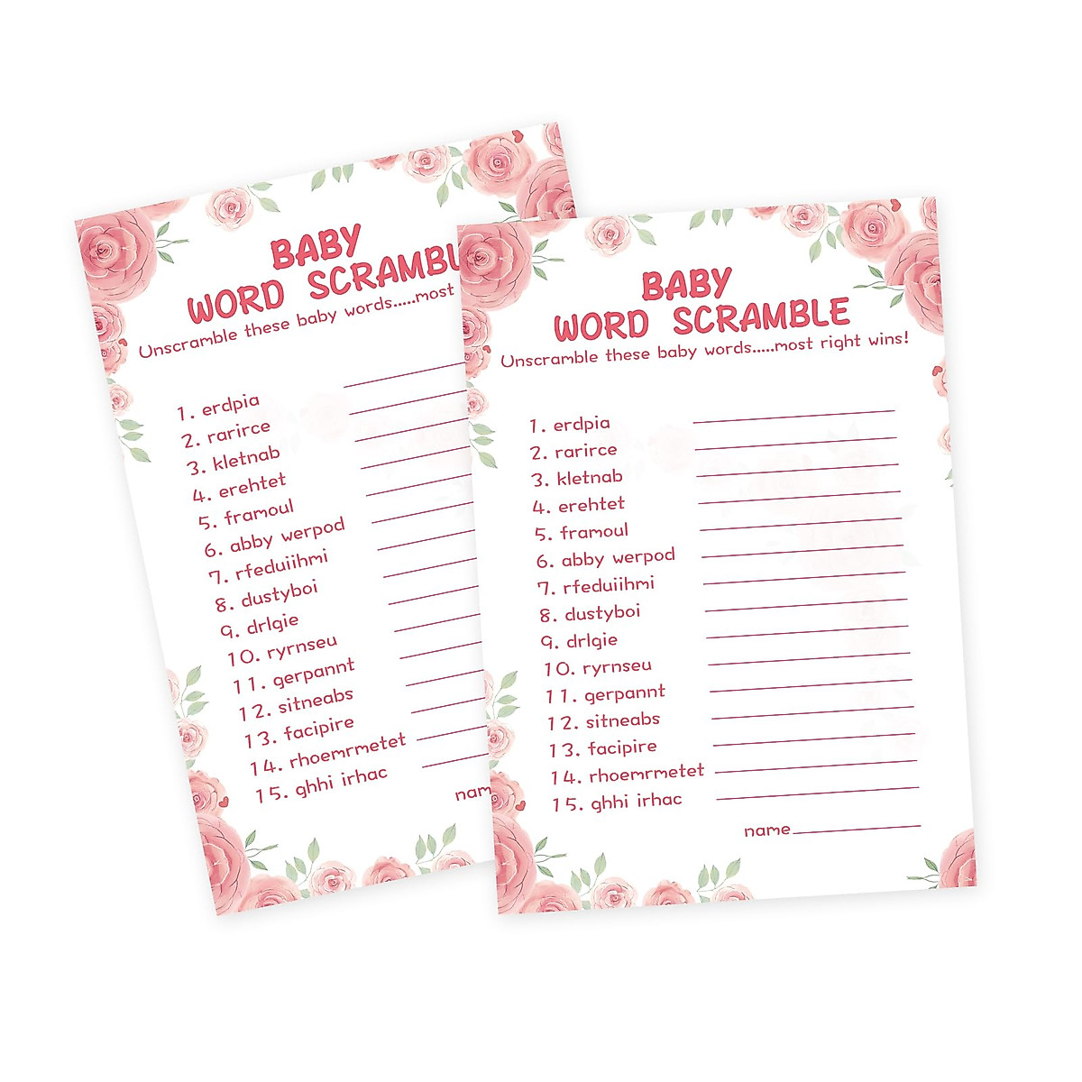 OLOUTAB 50 Baby Shower Games for Girl-Baby Shower Word Scramble Game,Floral Theme, Thick Cardstock, Fun and Easy to Play,Hilarious Baby Shower Games(with Answer)