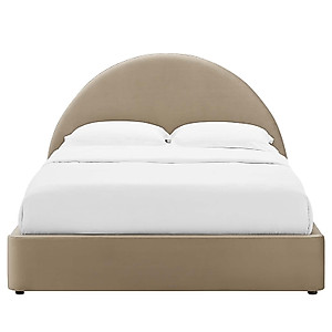 Modway Resort Queen Size Platform Bed with Arch Shaped Round Headboard in Taupe, Upholstered Velvet Bed Frameain-Resistant Performance Velvet, Soft Cloud Bed Frame, No Box Spring Needed