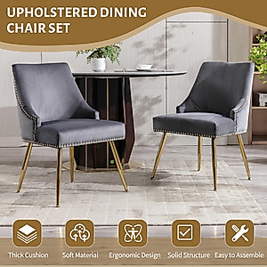 KCC Velvet Dining Room Chairs Set of 6 Nailhead Back Ring Pull Trim with Gold Legs for Kitchen Living room(Grey)