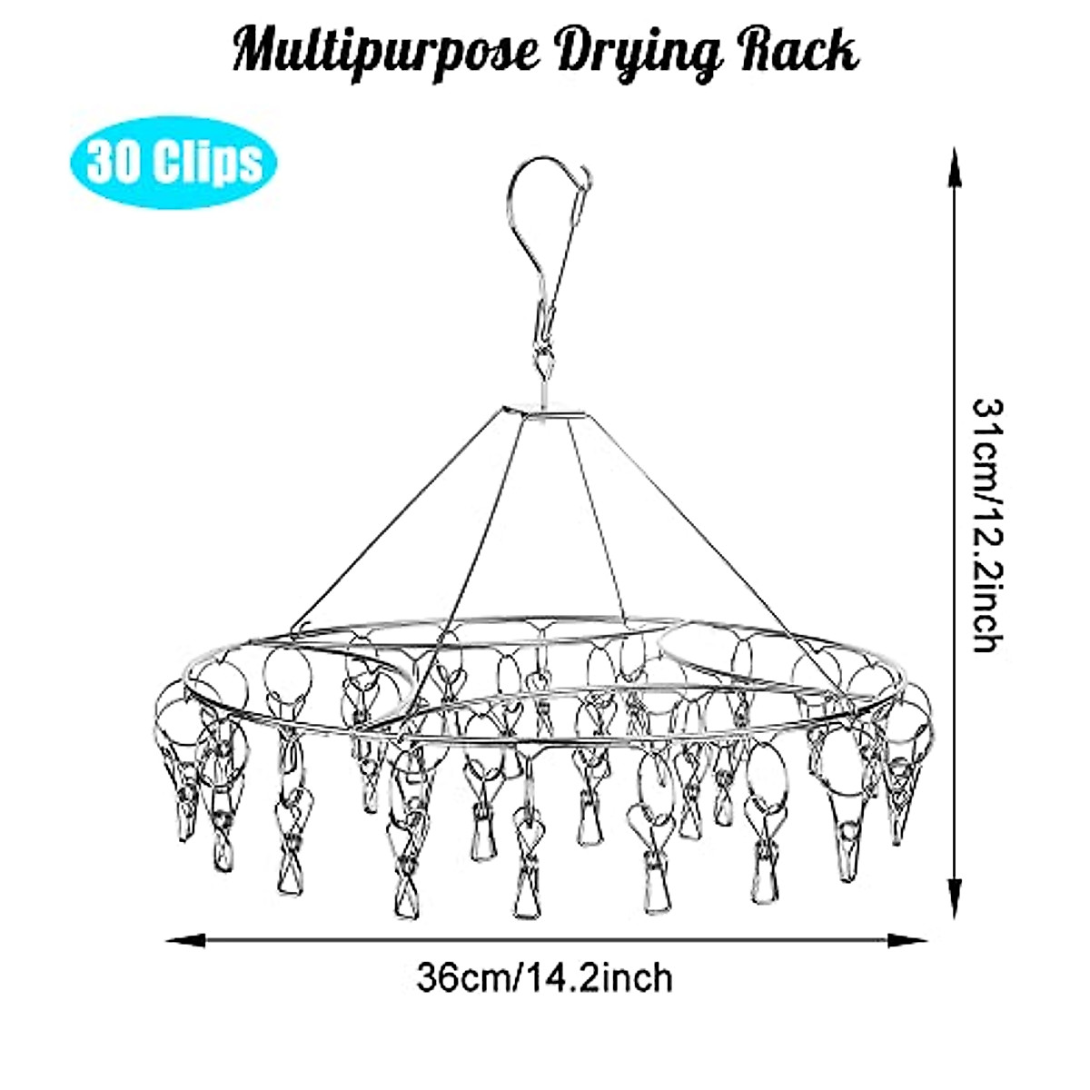 HOSTK Stainless Steel Round Clothes Drying Racks 30 Clips, Square Windproof Laundry Drip Hanger 36 Clips with 10 Replaceable Clips for Socks, Towels, Baby Clothes, Underwear, Hat, Scarf, Gloves
