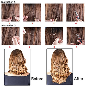 Duufin Hair Extensions Kit 500 Pcs Brown Micro Ring Beads 1 Micro Beads Plier 2 Hook Needle Pulling Loop 4 Plastic Alligator Hair Clips 1 Comb and 2 Bags Black Mini Rubber Hair Elastic