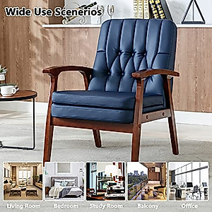 Setawix PU Leather Accent Arm Chairs Set of 2, Solid Wood Mid Century Living Room Chair with Arms,Faux Leather Upholstered Single Sofa Chair,Farmhouse Channel Tufted Reading Bedroom Chair (Navy, 2PC)