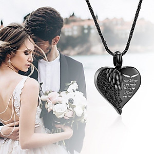 Yinplsmemory Love Heart Urn Necklace for Ashes Keepsake Memorial Cremation Jewelry Stainless Steel Angel Wing Ashes Holder Memorial Gift for Loss of Father/Mother/Pet (Black)