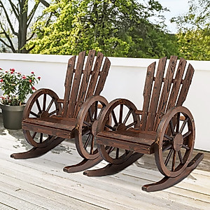Kinsuite 2 PCS Fir Wooden Rocking Chair Set with Wheel Armrest, Outdoor Wagon Rocking Chairs for Garden, Lawn, Yard, Rustic Brown