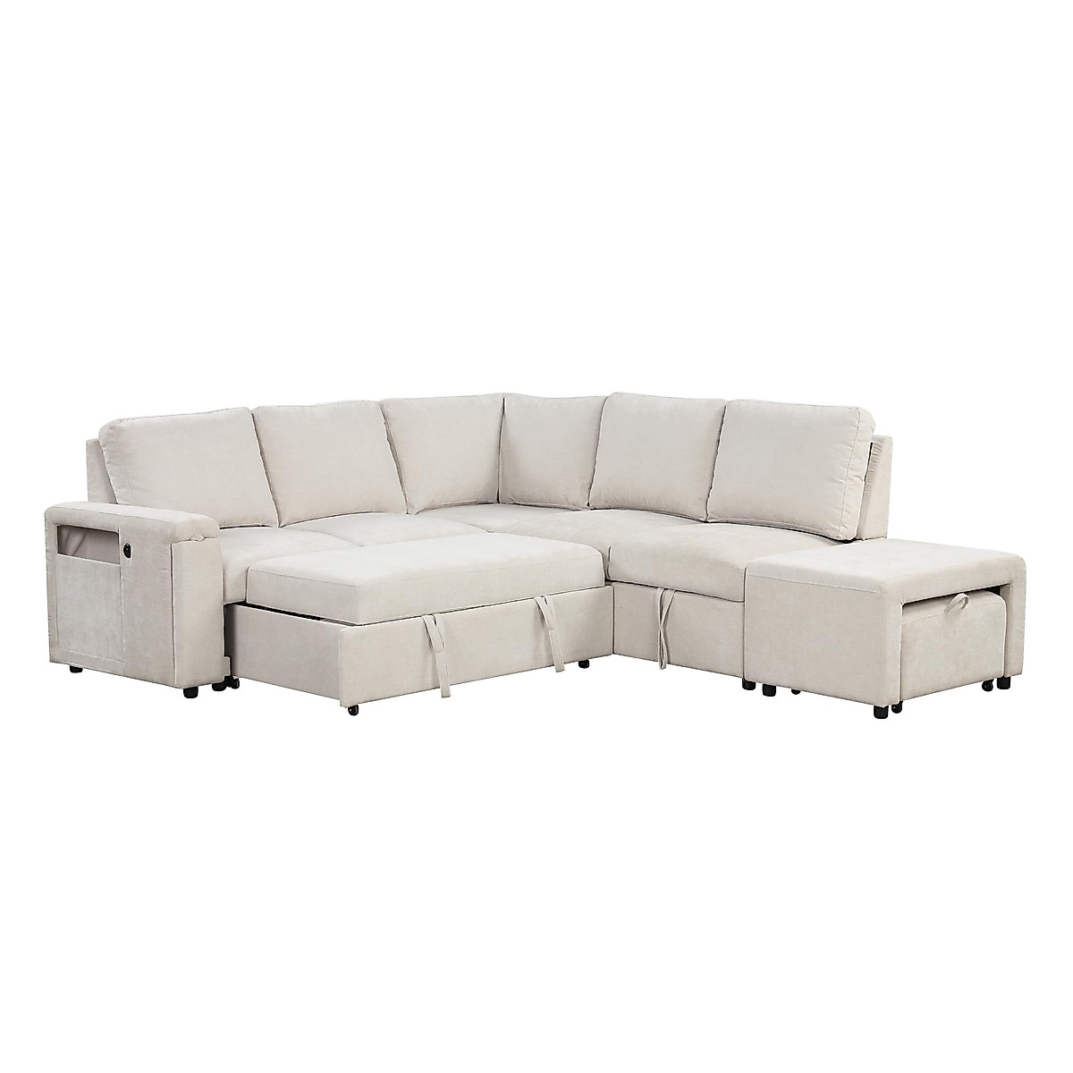 L-Shaped Corner Sectional Sofa Couch, Modern Padded Modular Sofa with Storage Space, USB Ports and Cup Holders on The Armrests, Suitable for Living Rooms, Offices, Apartments (Beige-87WD)
